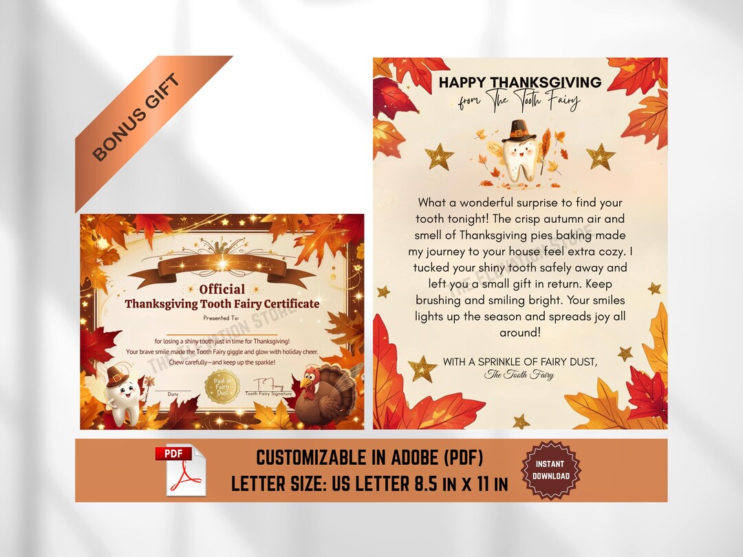Thanksgiving Themed Tooth Fairy Letter & Certificate Bundle (digital ...