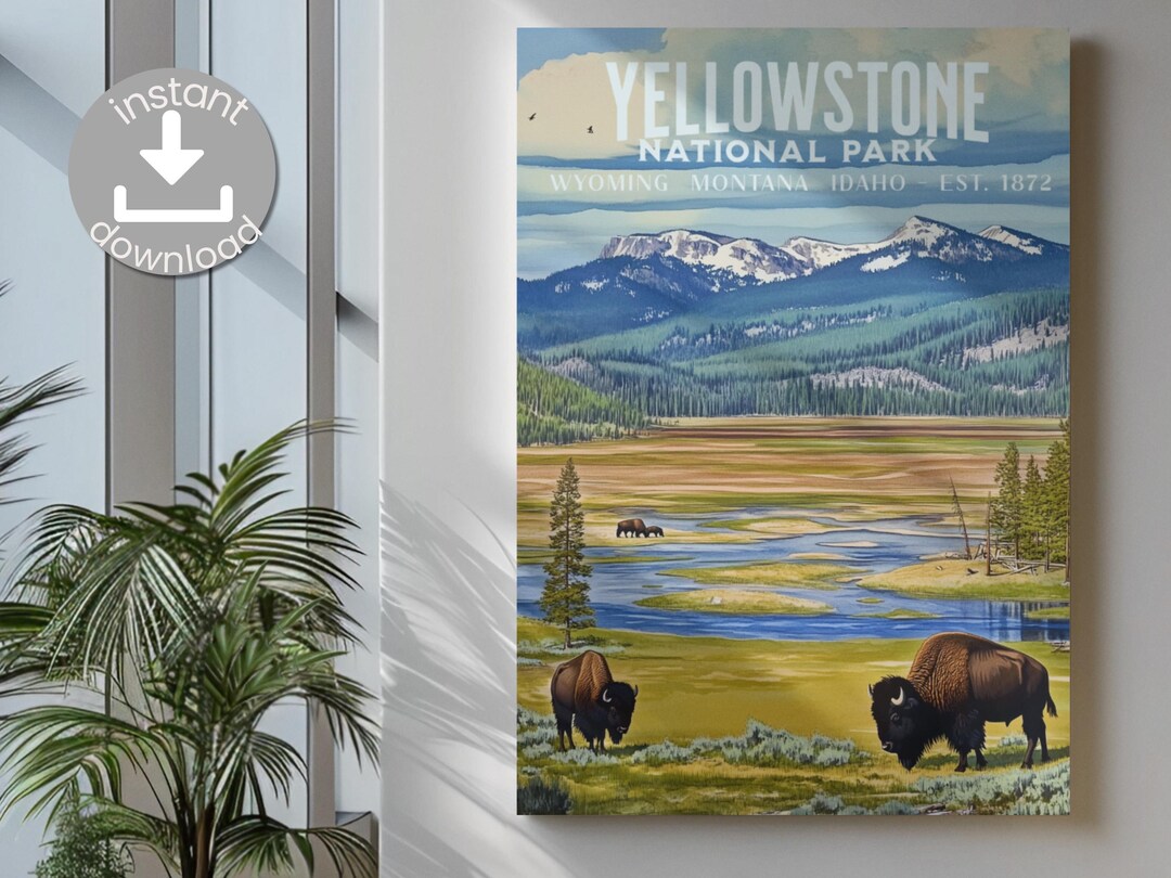 Yellowstone National Park Poster, Buffalo Wall Art, Bison Watercolor ...