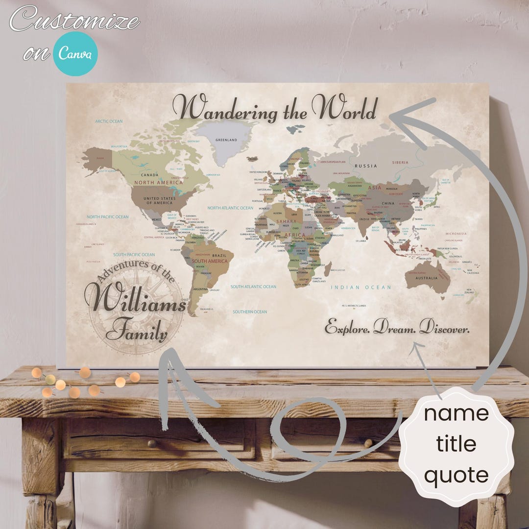 Custom Travel Map of World, Digital Push Pin Map, Large Wall Art, Gift ...