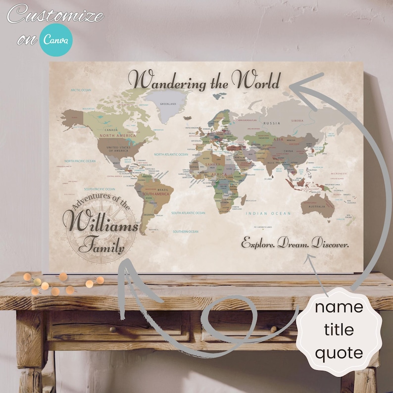 Custom Travel Map of World, Digital Push Pin Map, Large Wall Art, Gift ...