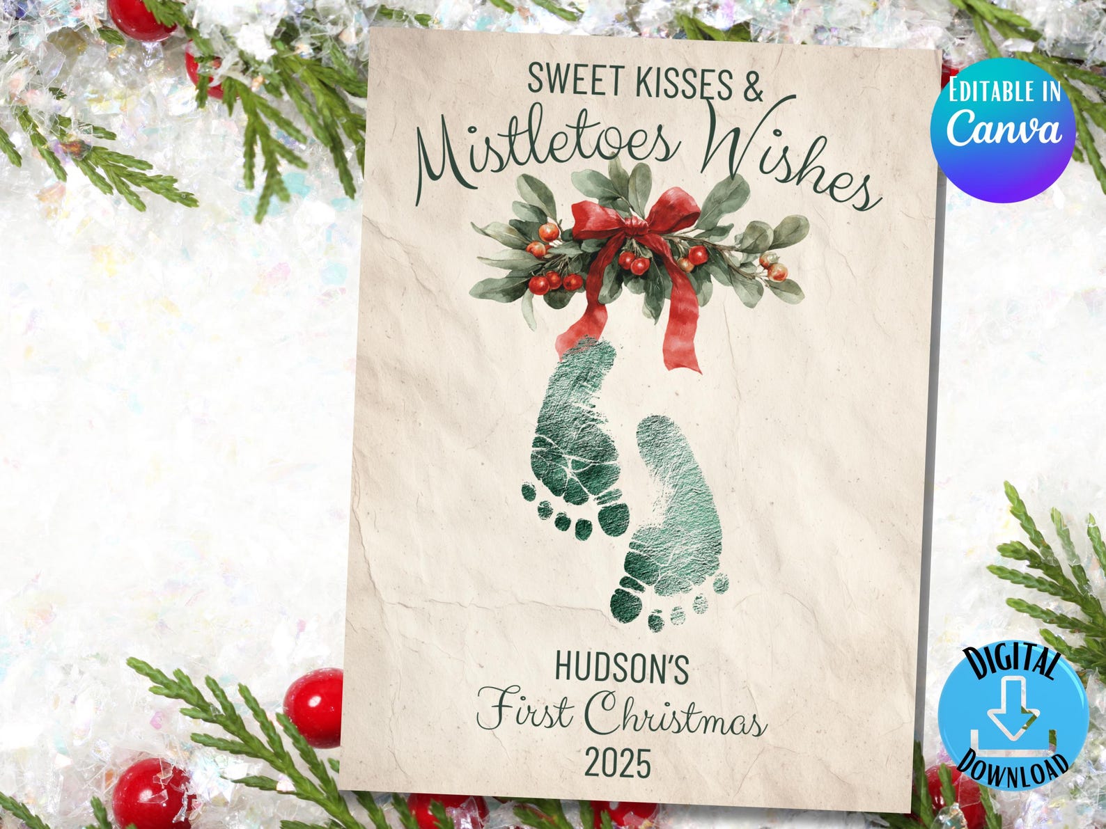 Mistletoe Footprint Printable Christmas Keepsake, Baby Xmas DIY Gift ...