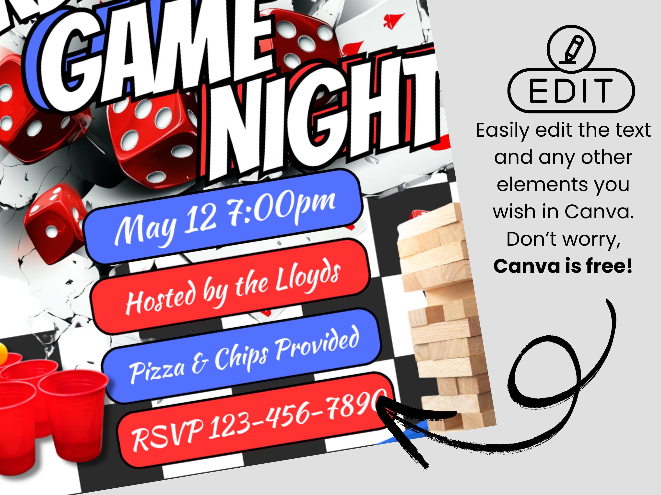 Kickback Game Night Flyer, Editable Party Invite (digital Download ...
