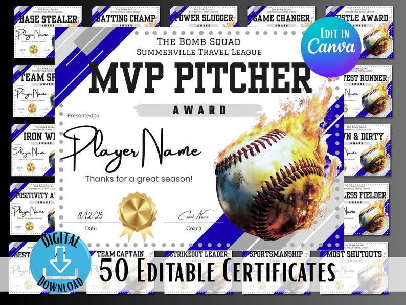 Editable Baseball Award Certificates, End of Season Team Awards, 50 ...