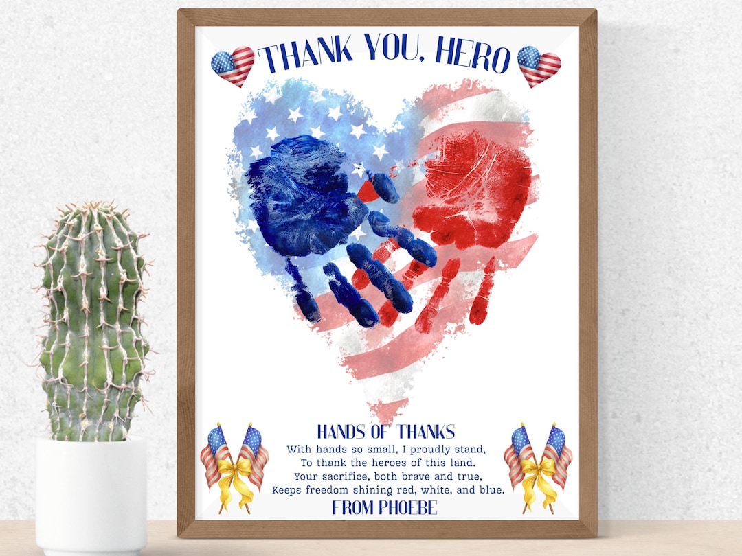 Veterans Day Handprint Craft, Kids Patriotic Art Printable, Flag Heart ...