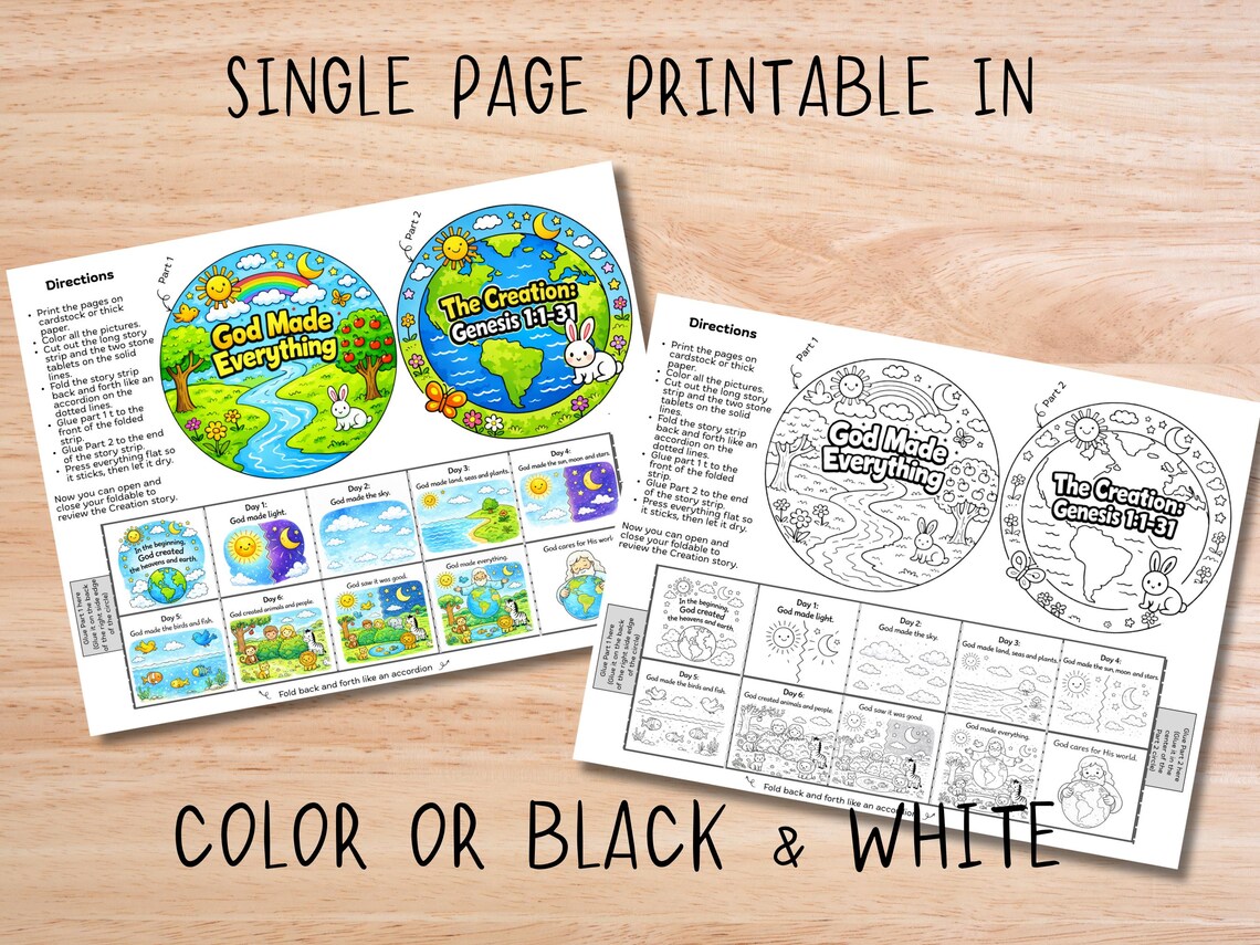 Creation Story Bible Craft for Kids, Genesis 1 Foldable Coloring ...