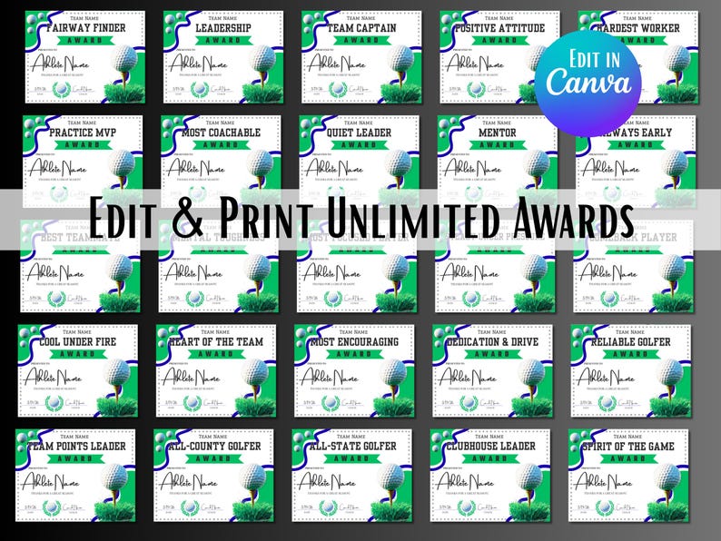 Golf Award Certificates, Editable Golfer Recognition, End of Season ...