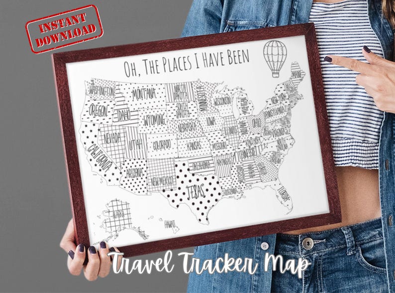 USA Travel Tracker Map: Black and White Coloring Page (digital Download ...