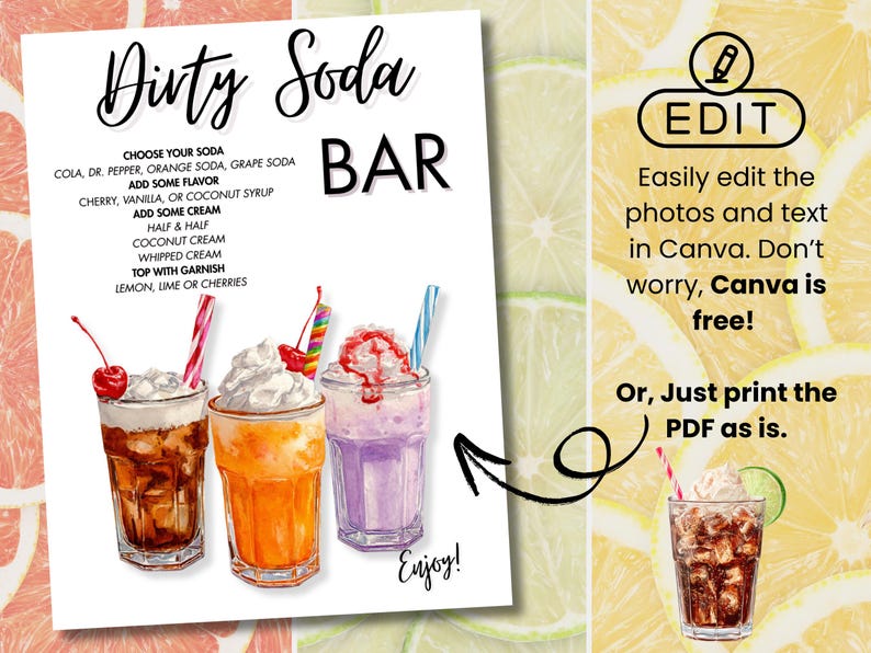 Dirty Soda Bar Sign, Party Drink Station Printable, Editable Canva ...