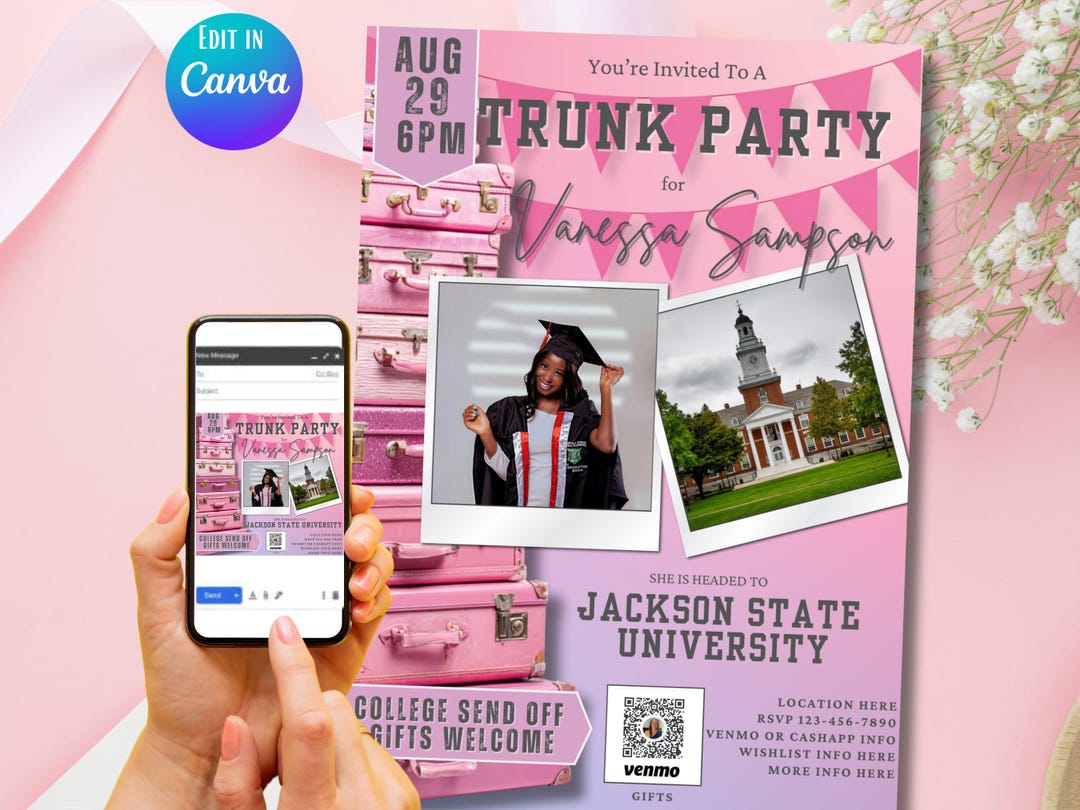 Editable Trunk Party Invitation Canva Template Pink College Send off ...