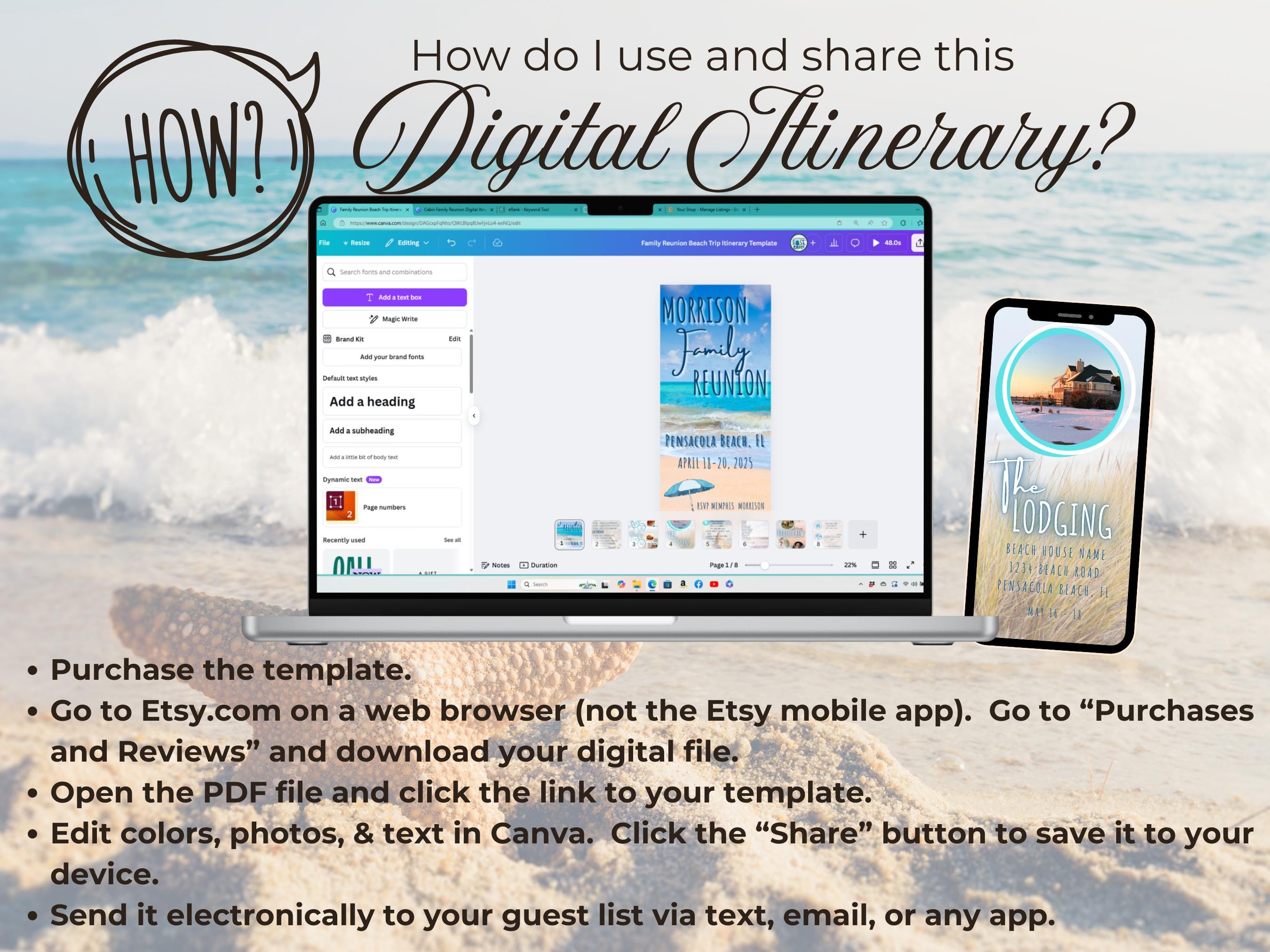 Family Reunion Itinerary Template, Beach Trip Planner, Editable Canva ...
