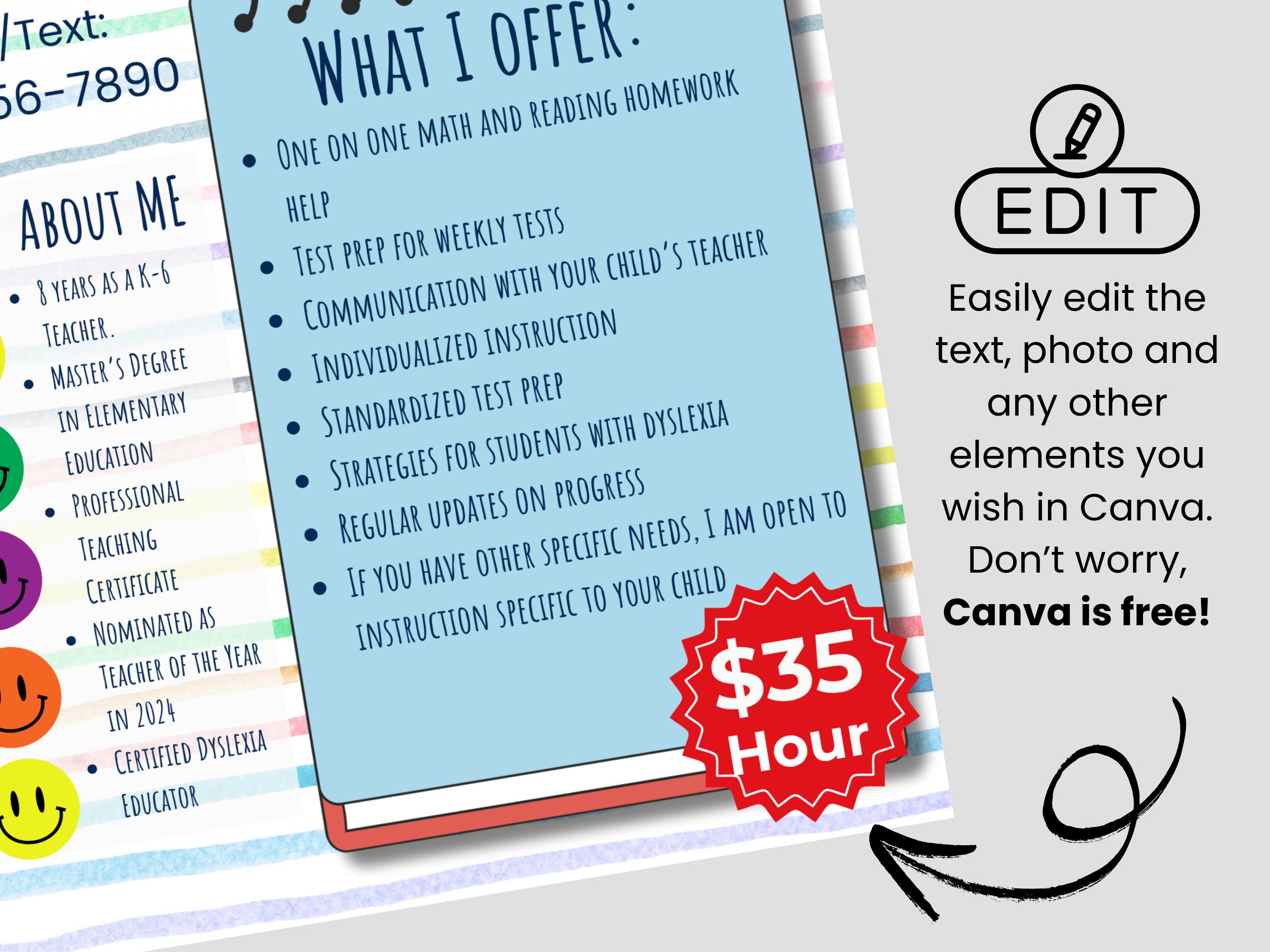 Editable Tutoring Flyer Template: Colorful Design for Canva (digital ...