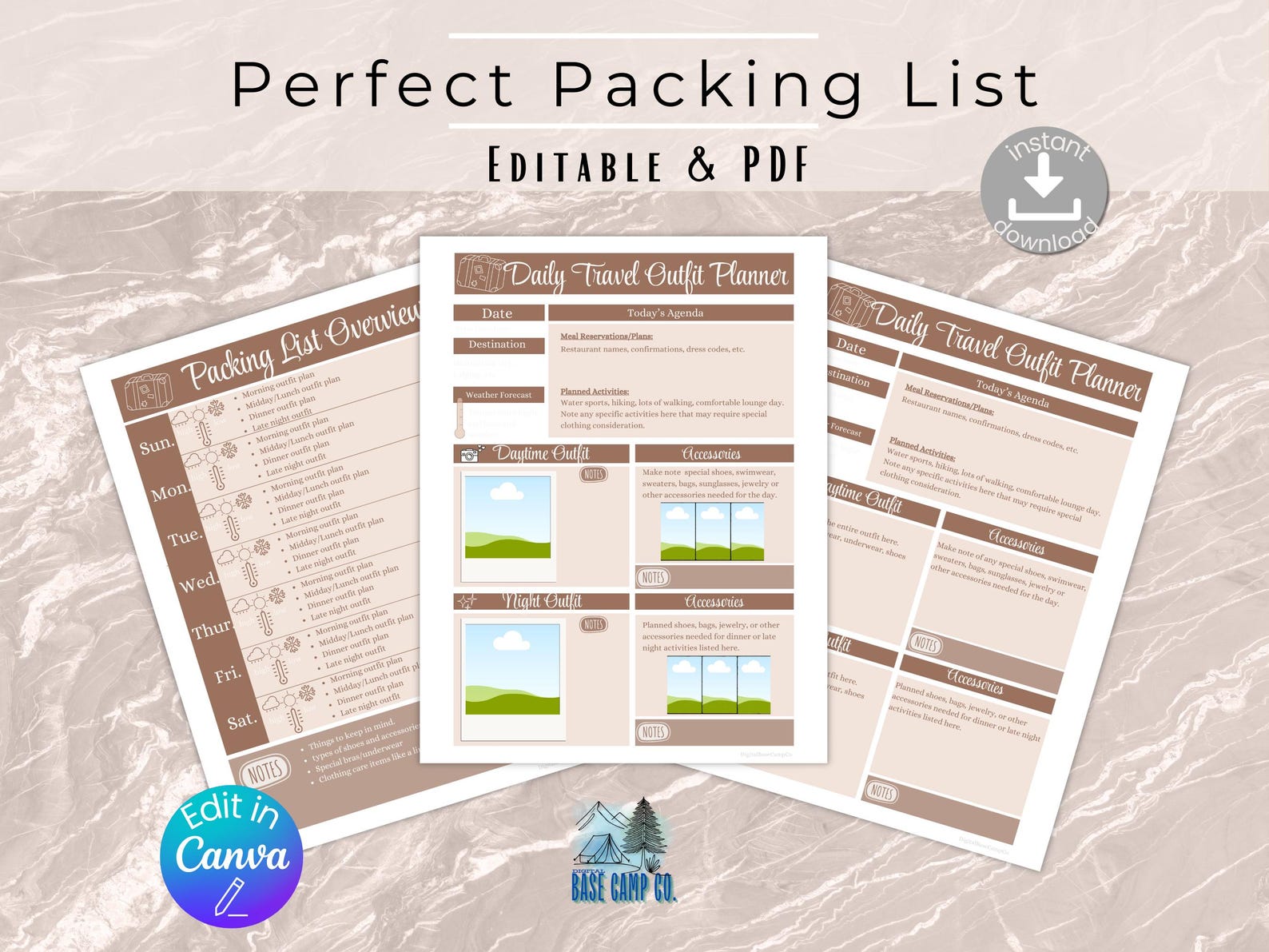 Mocha Travel Packing List: Outfit Planner, Editable Canva Template (PDF ...