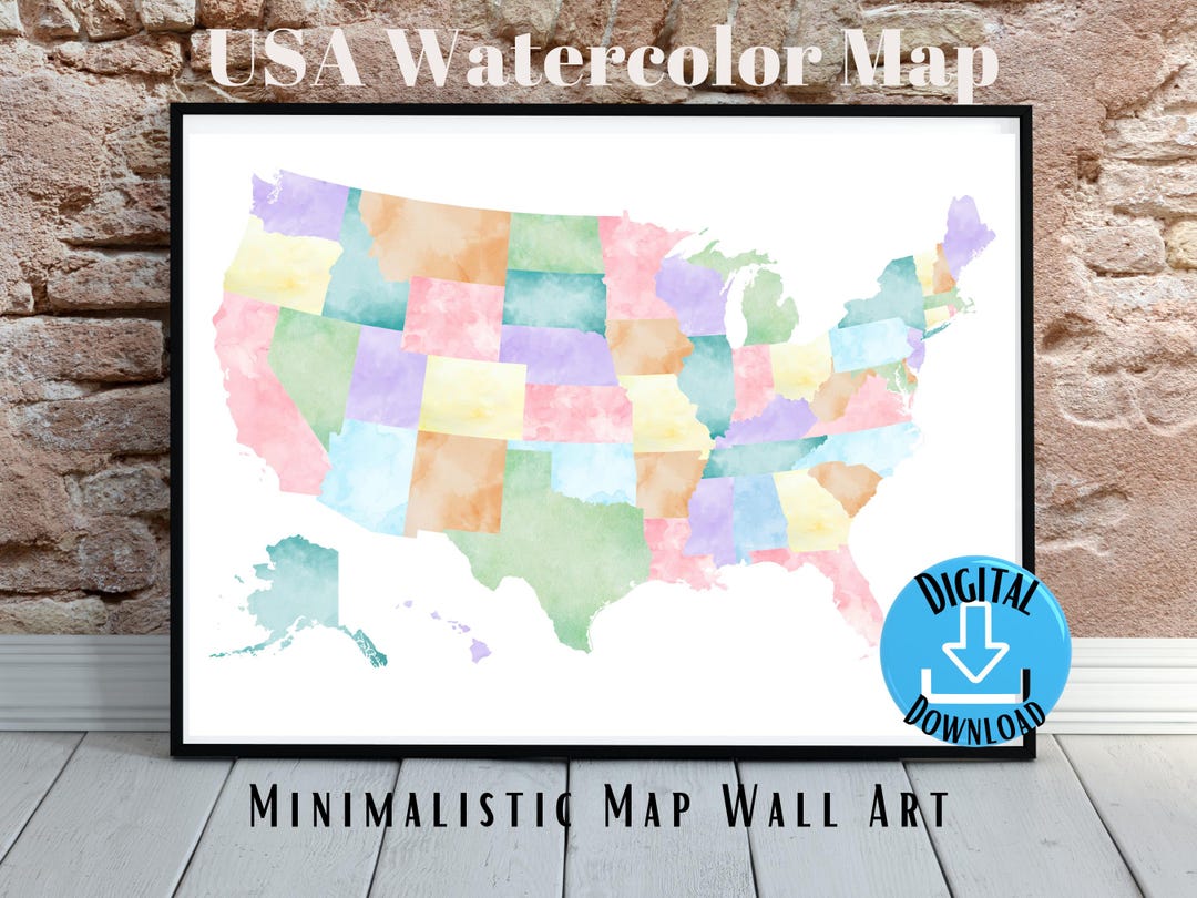 Large USA Map, Printable Watercolor Wall Art, US Travel Map Poster, 50 ...