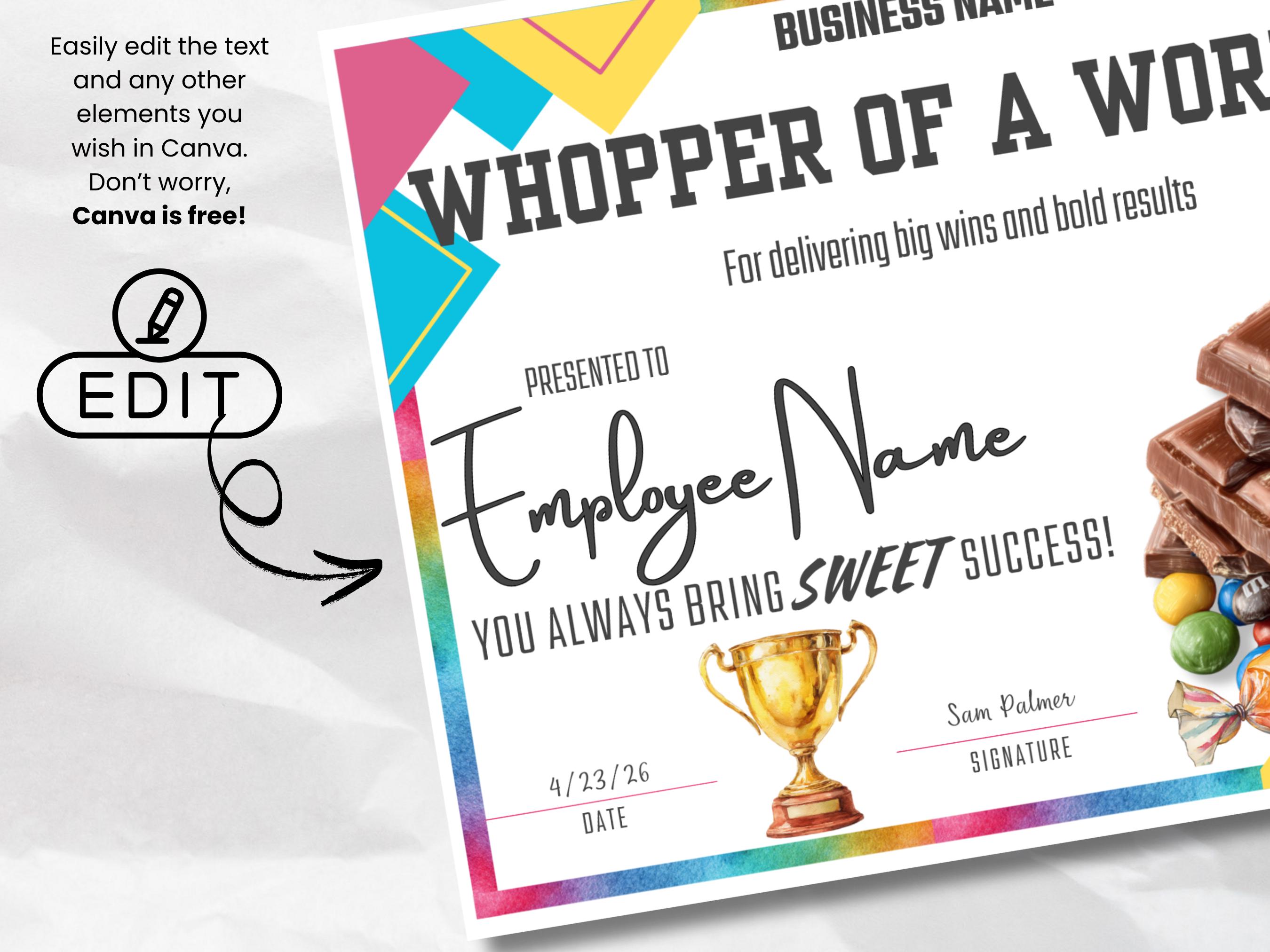 Employee Candy Award Certificates, Editable Office Recognition, Funny ...