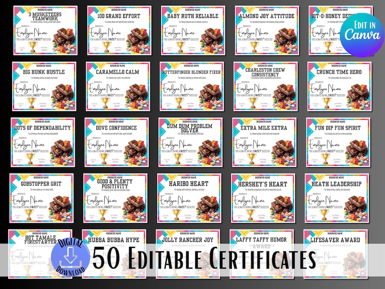 Employee Candy Award Certificates, Editable Office Recognition, Funny ...