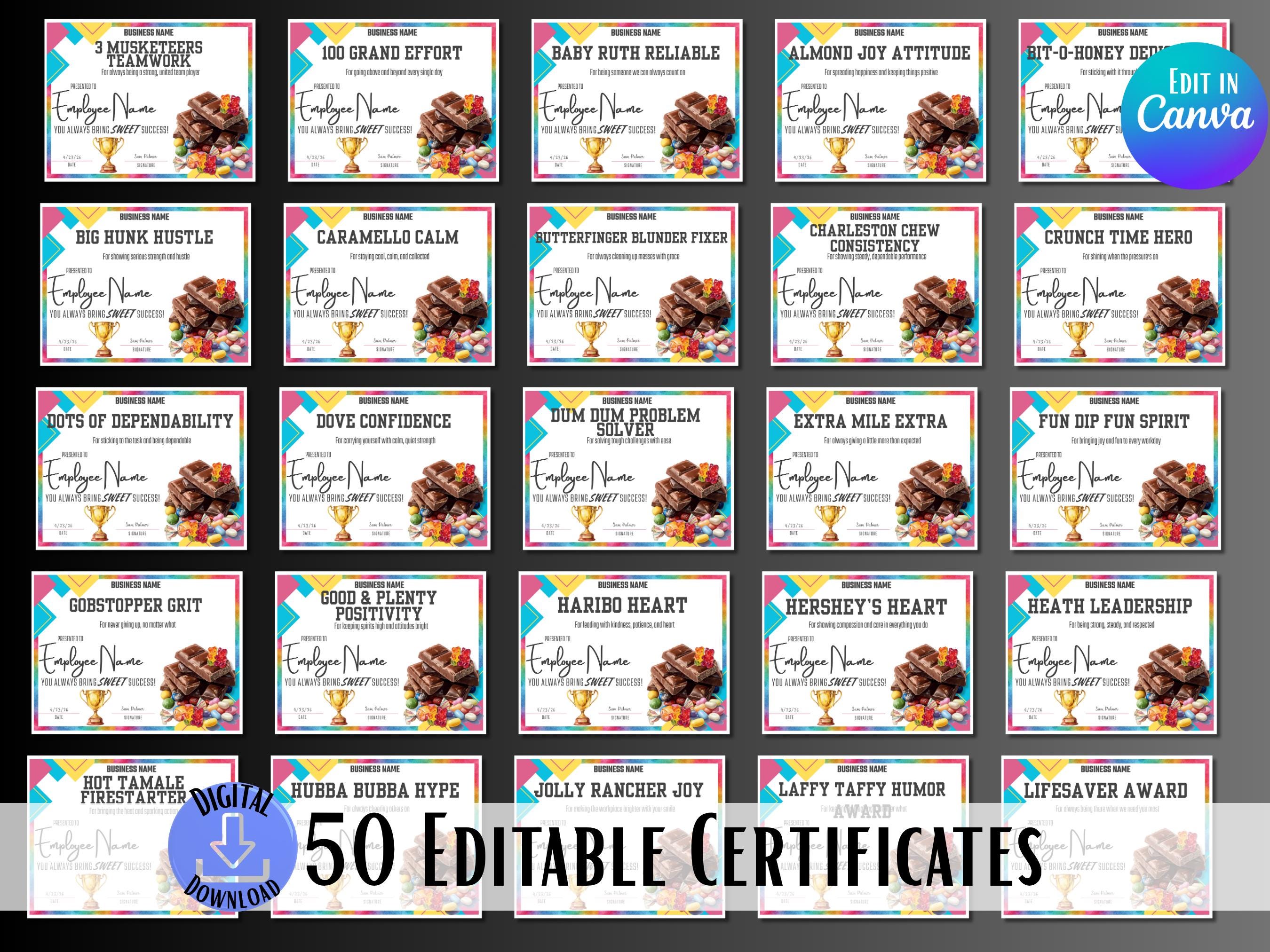 Employee Candy Award Certificates, Editable Office Recognition, Funny ...