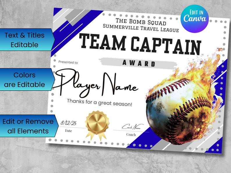 Editable Baseball Award Certificates, End of Season Team Awards, 50 ...