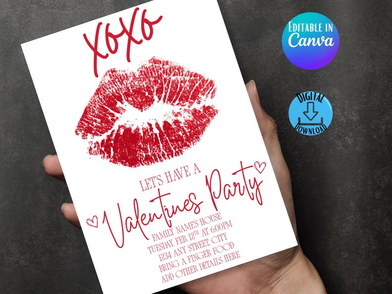 Valentines Party Invitation, Editable Lip Print Printable Valentine ...