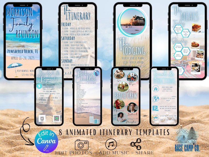 Family Reunion Itinerary Template, Beach Trip Planner, Editable Canva ...