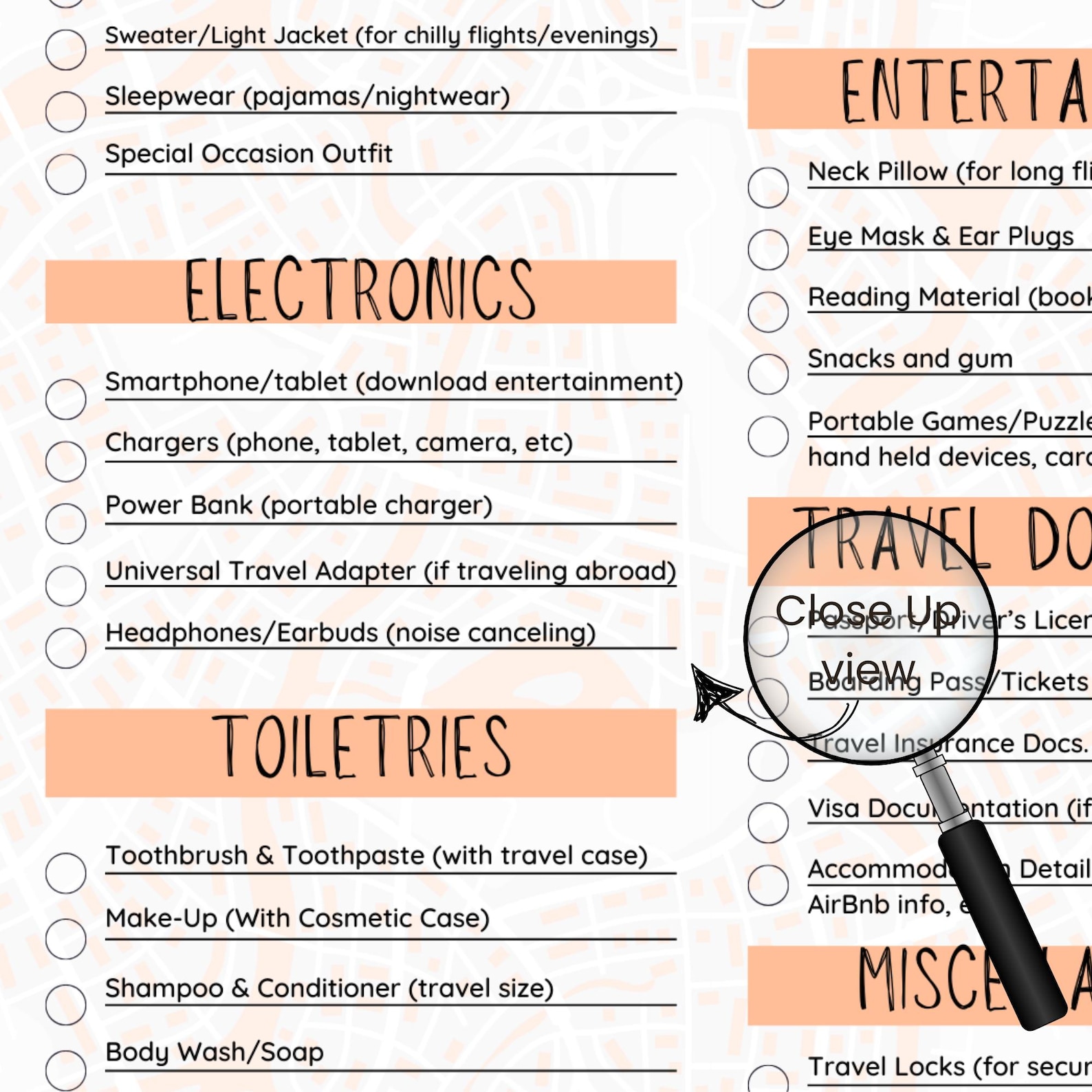 Peach Travel Packing Checklist: Blank & Filled Versions (digital ...