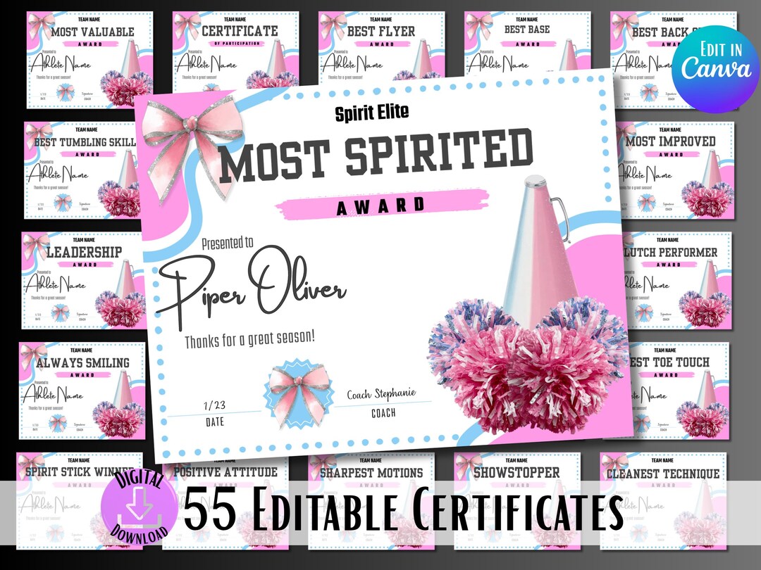 Cheerleader Award Certificates, Editable Cheer Recognition, End of ...