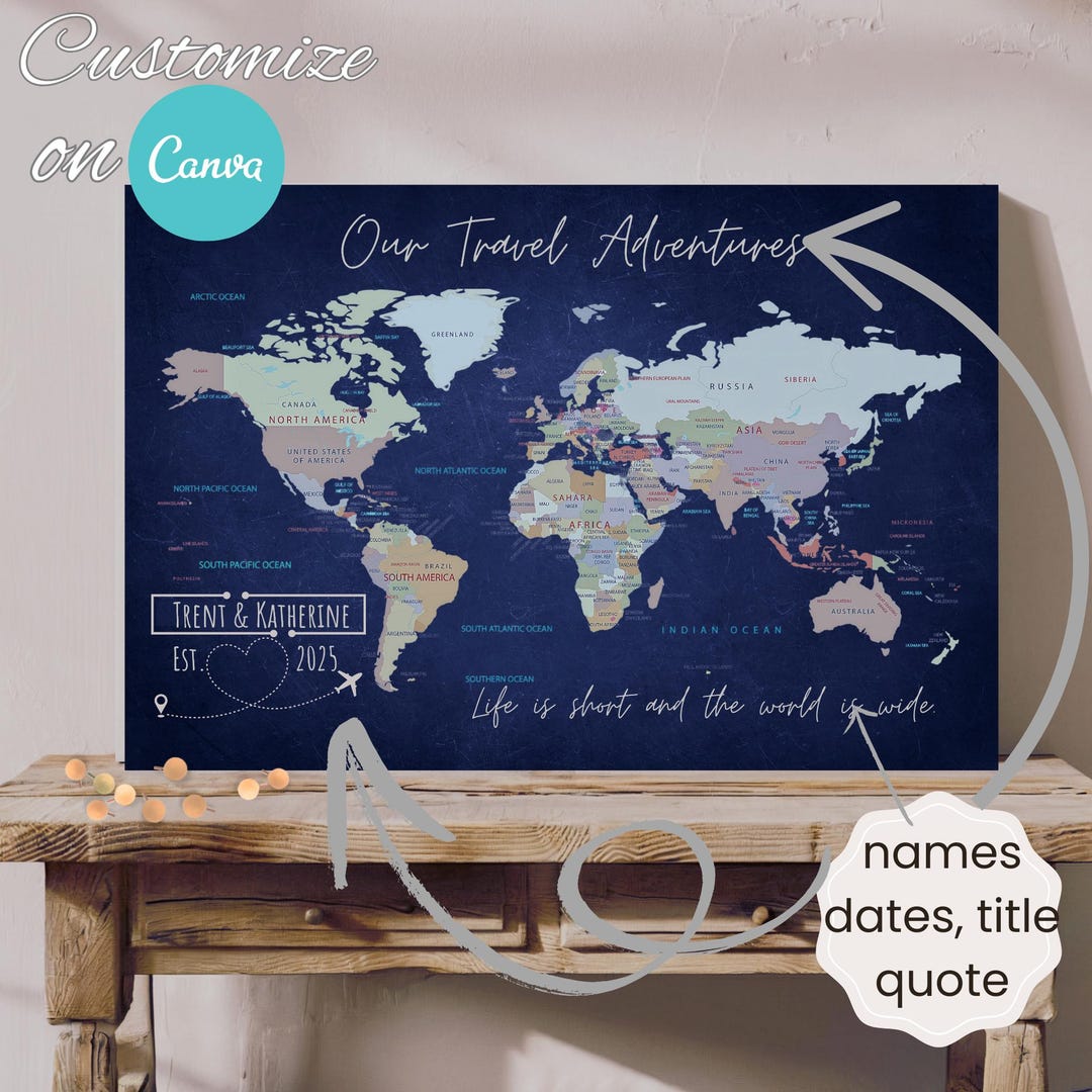 Custom Travel Map of World, Digital Push Pin Map, Large Wall Art, Gift ...