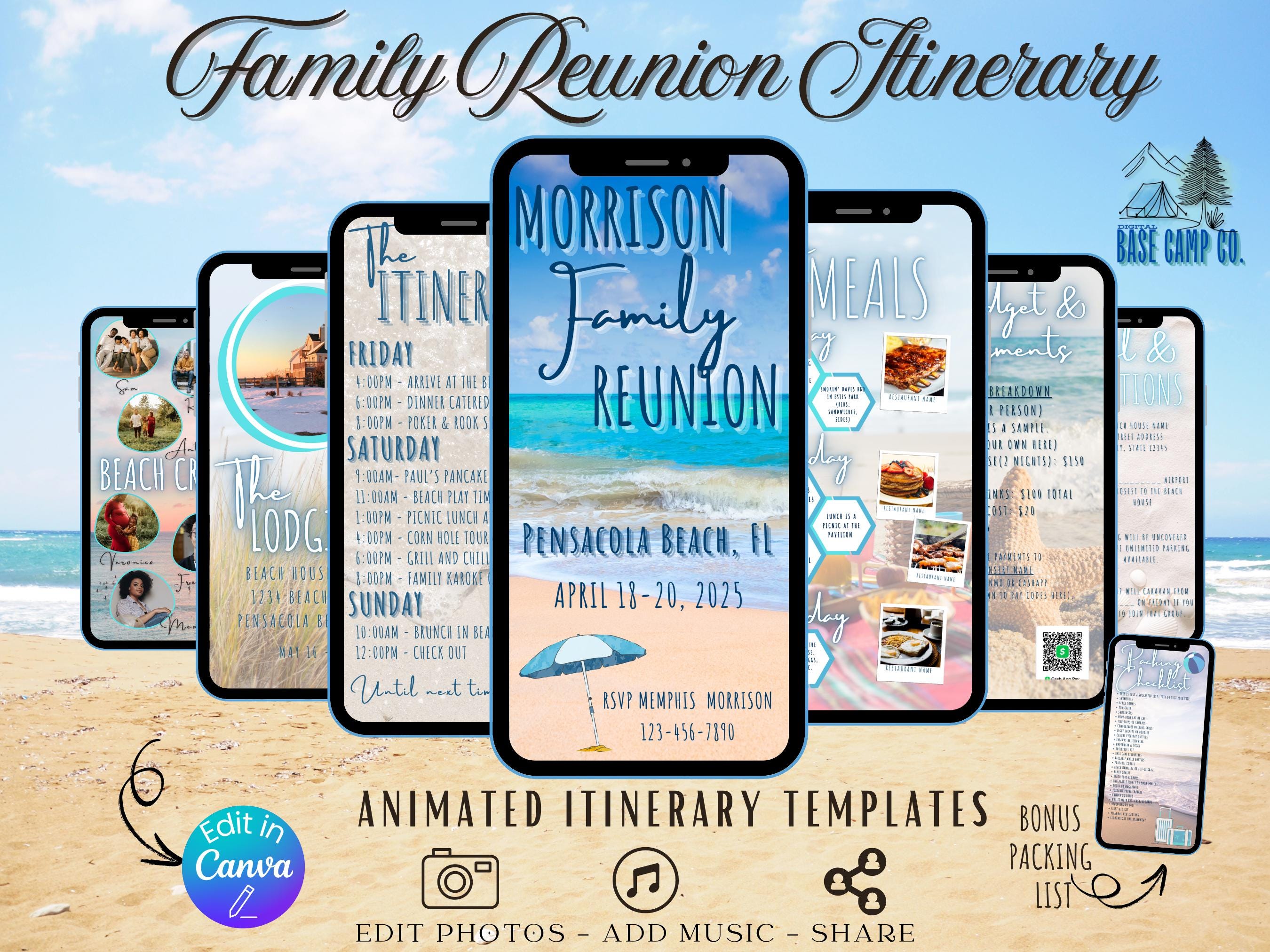 Family Reunion Itinerary Template, Beach Trip Planner, Editable Canva ...
