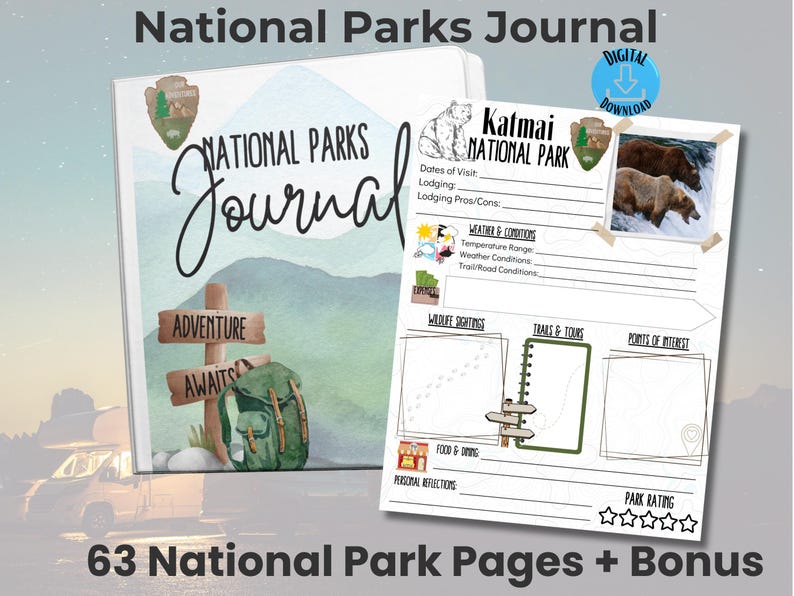 National Parks Journal, US Travel Diary Printable, 63 Park Pages, RV ...