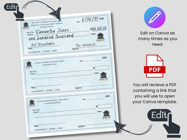 Abundance Manifestation Check Template: Editable Vision Board Checks ...
