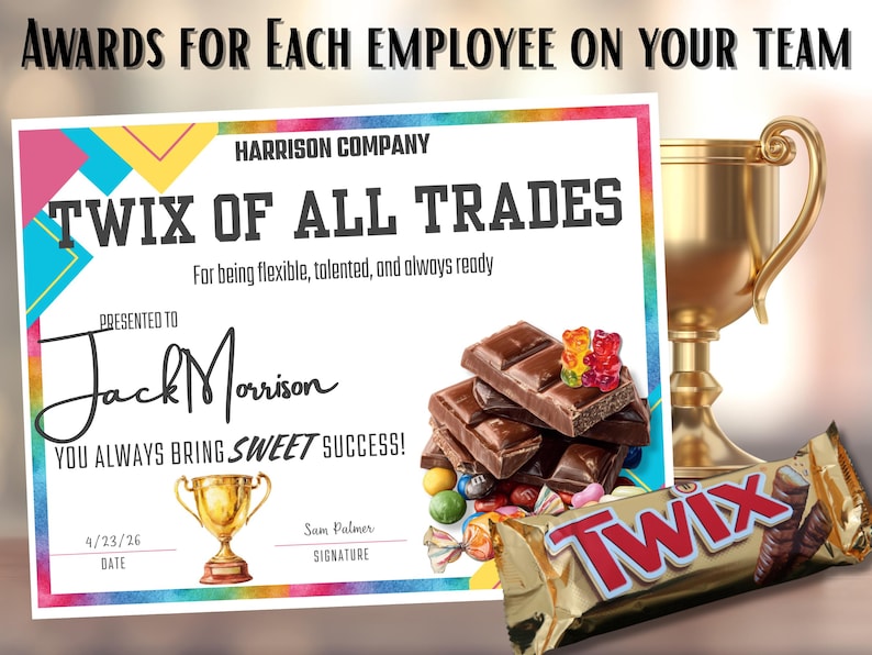 Employee Candy Award Certificates, Editable Office Recognition, Funny ...