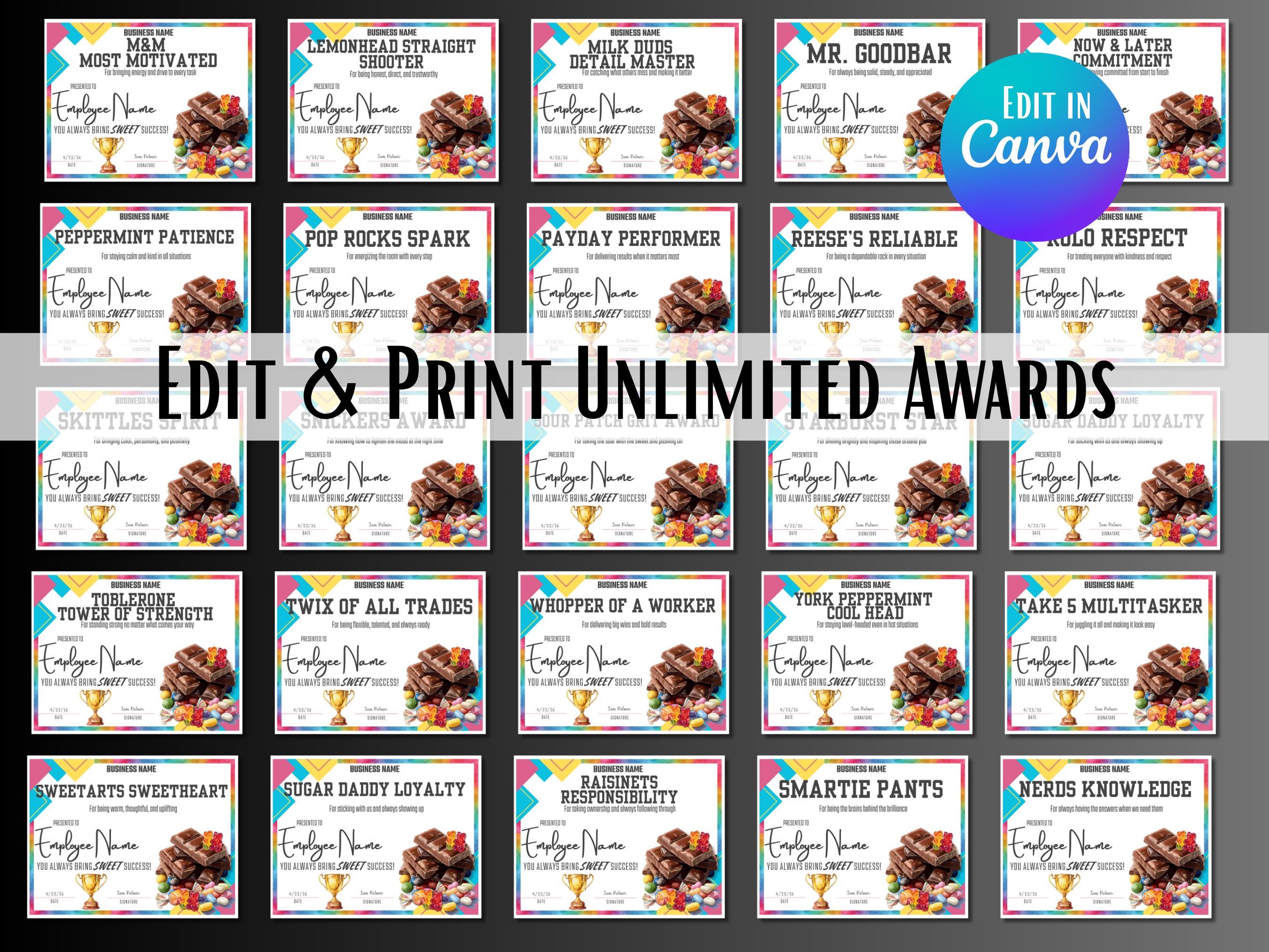 Employee Candy Award Certificates, Editable Office Recognition, Funny ...