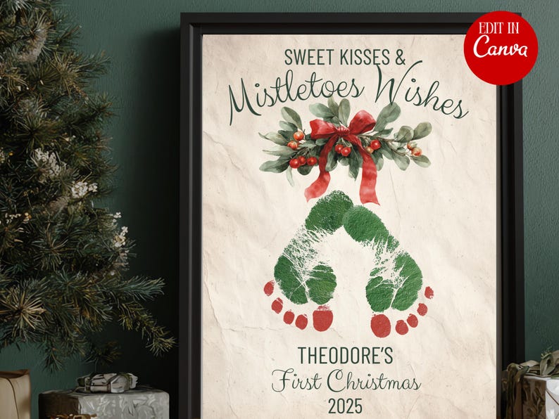 Mistletoe Footprint Printable Christmas Keepsake, Baby Xmas DIY Gift ...