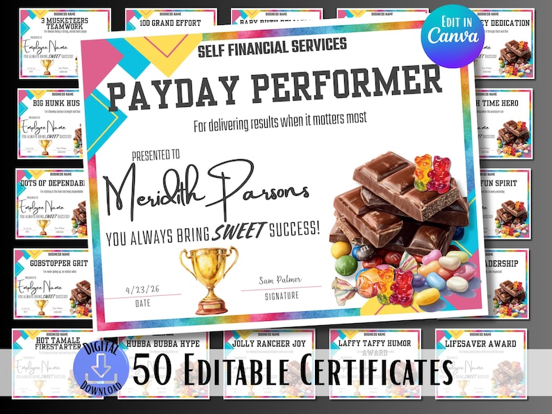 Employee Candy Award Certificates, Editable Office Recognition, Funny ...