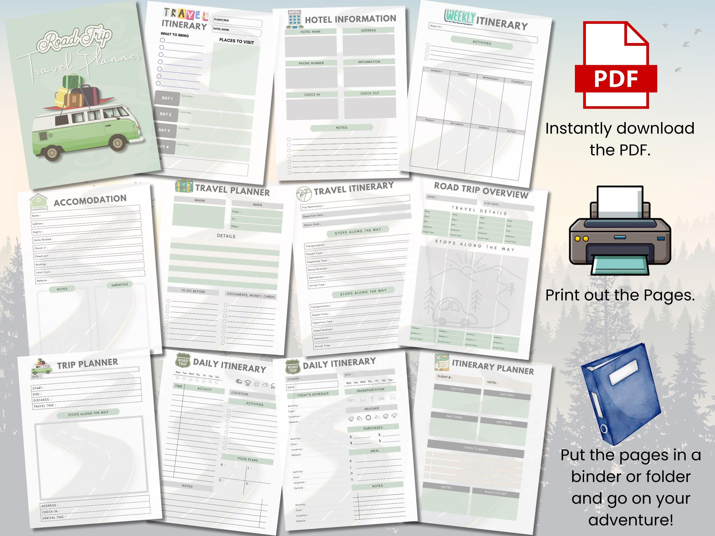 Road Trip Planner, Printable Travel Itinerary Template, Vacation ...