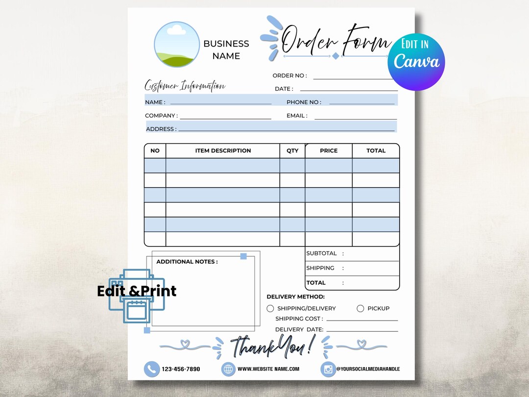 Customer Order Form Editable, Fillable Order Form Canva Template, Small ...
