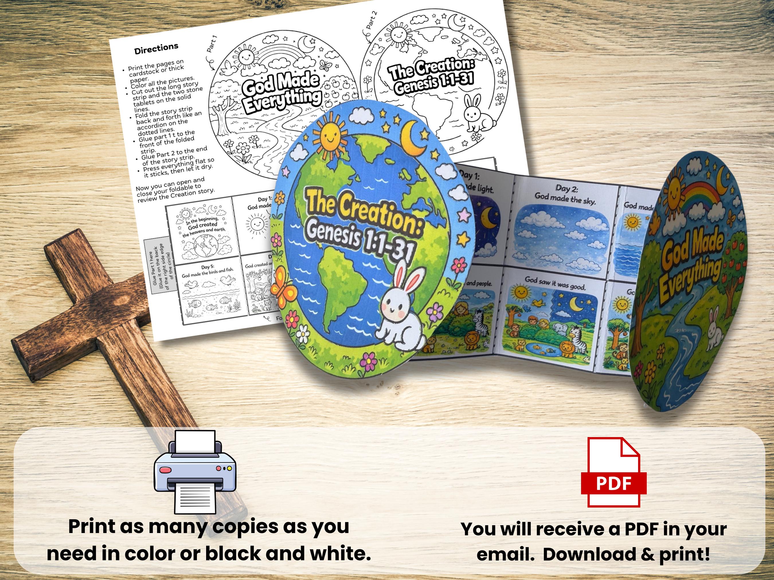 Creation Story Bible Craft for Kids, Genesis 1 Foldable Coloring ...