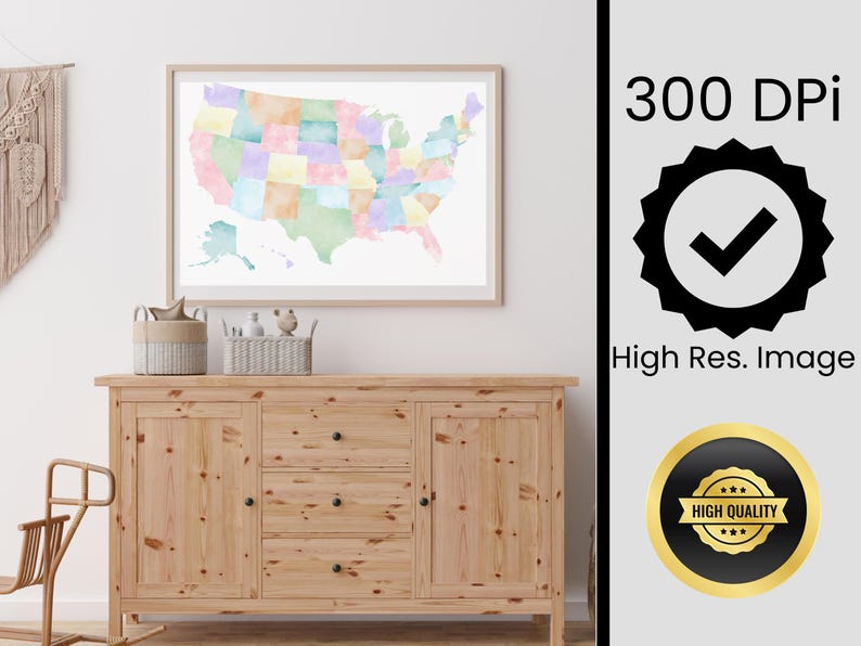 Large USA Map, Printable Watercolor Wall Art, US Travel Map Poster, 50 ...