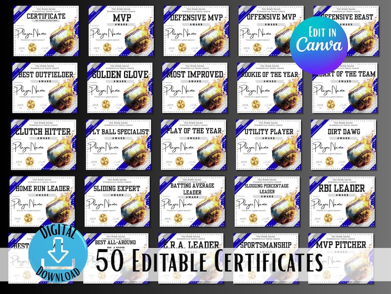 Editable Baseball Award Certificates, End of Season Team Awards, 50 ...