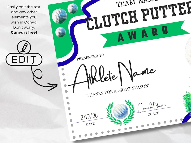 Golf Award Certificates, Editable Golfer Recognition, End of Season ...