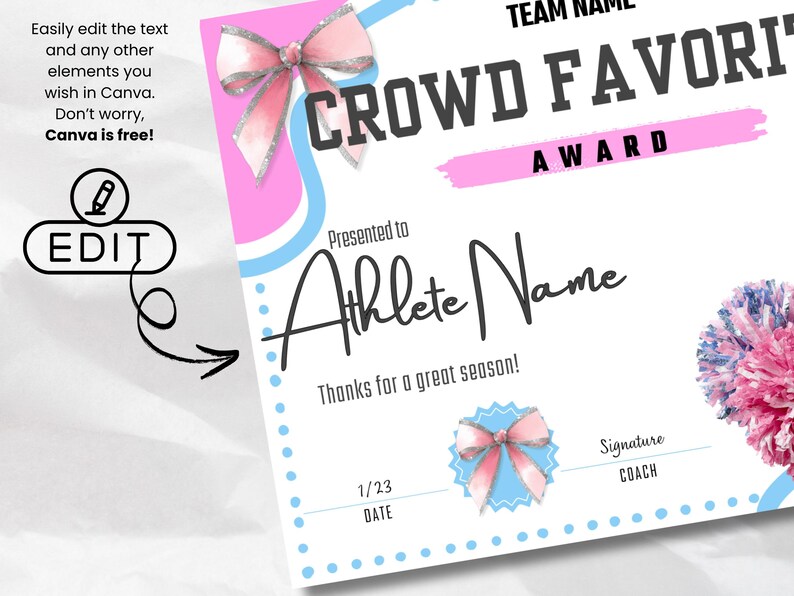 Cheerleader Award Certificates, Editable Cheer Recognition, End of ...