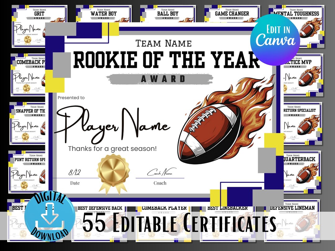 Editable Football Award Certificates: 60 Team Templates (DIY Printable ...
