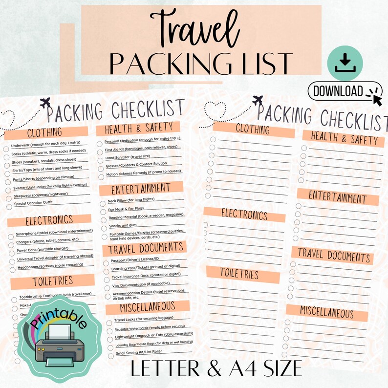 Peach Travel Packing Checklist: Blank & Filled Versions (digital ...