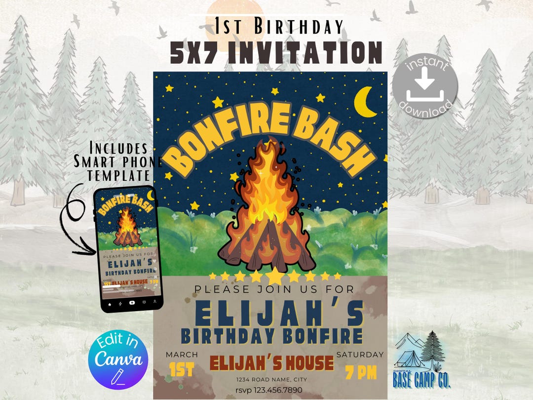 Bonfire Party Invitation, Backyard Birthday Bonfire Invitation Template ...