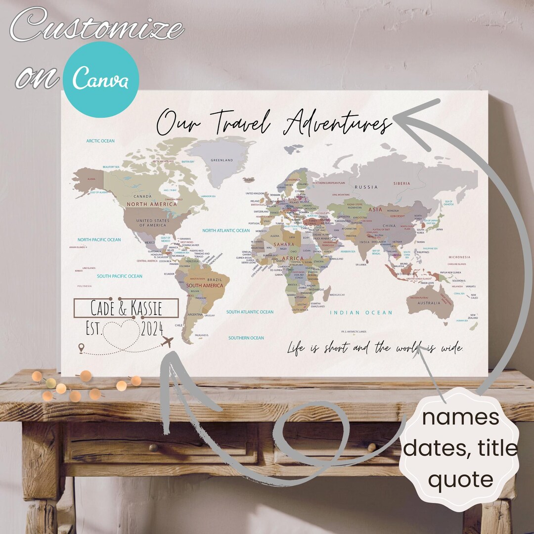 Custom World Map Travel Tracker, Digital Push Pin Map, Large Wall Art ...