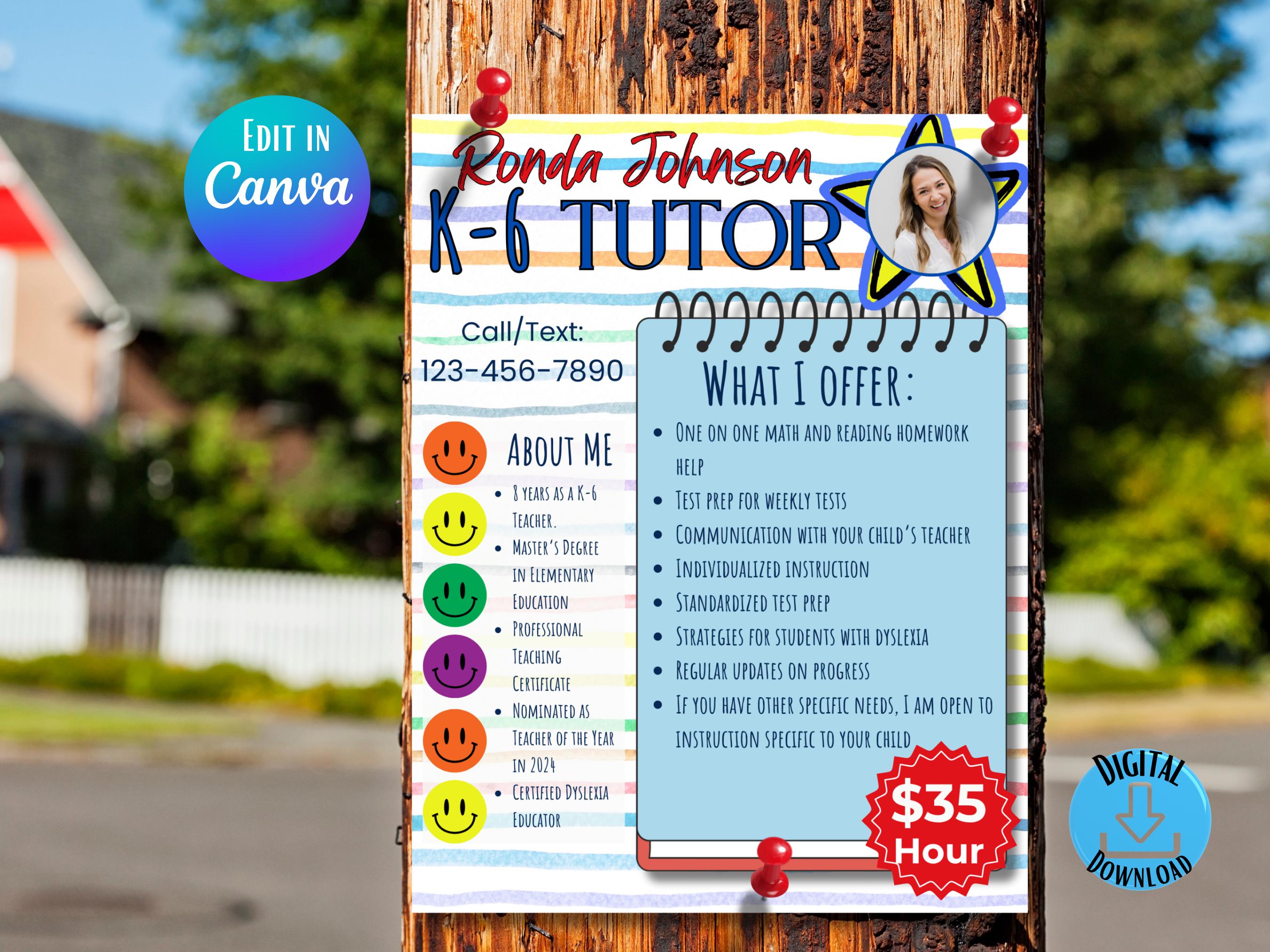 Editable Tutoring Flyer Template: Colorful Design for Canva (digital ...