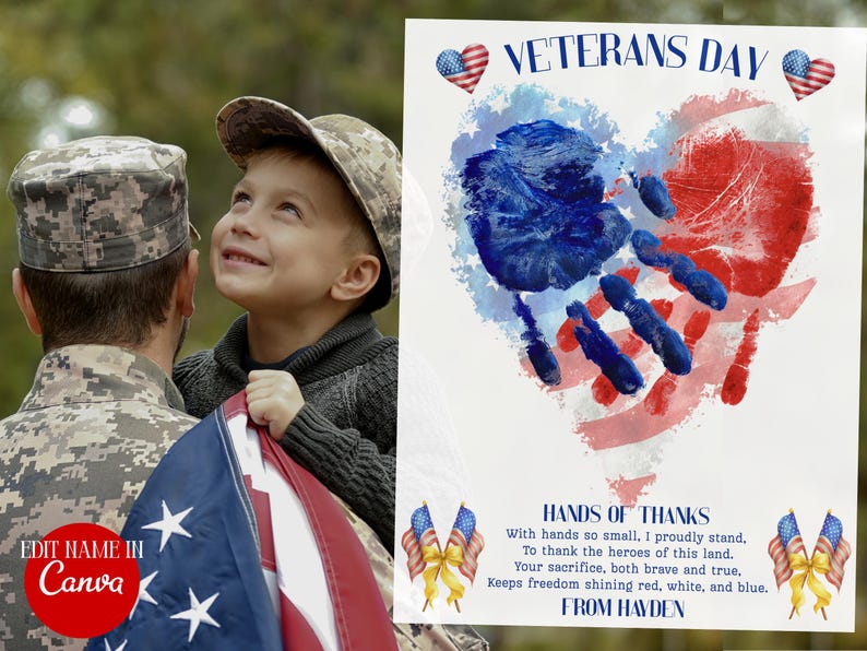 Veterans Day Handprint Craft, Kids Patriotic Art Printable, Flag Heart ...