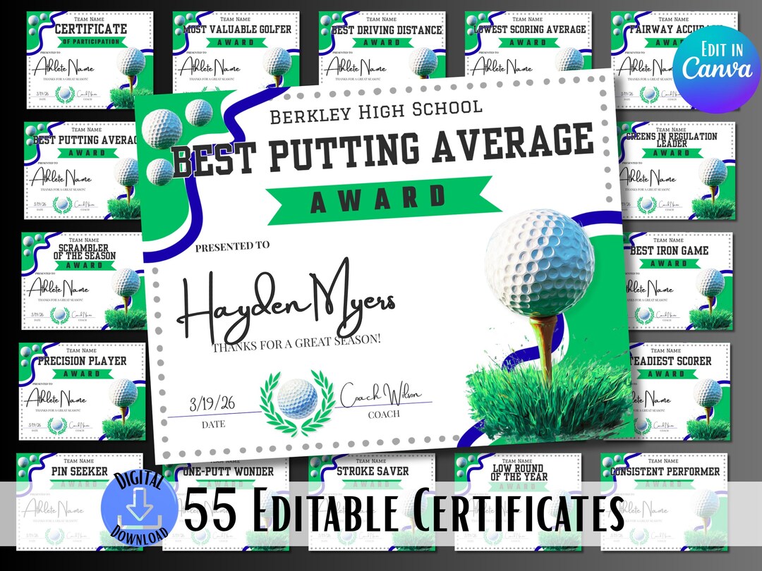 Golf Award Certificates, Editable Golfer Recognition, End of Season ...