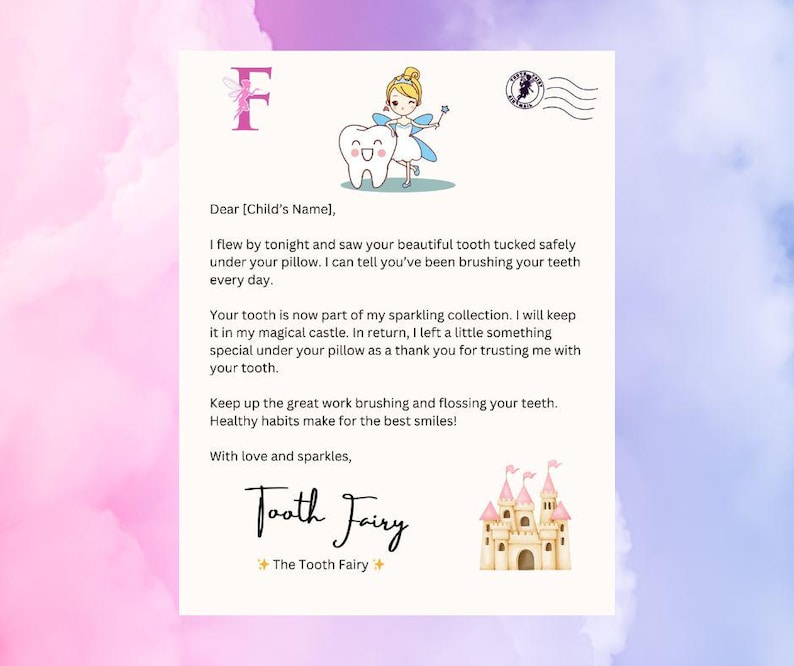 Personalized Custom Tooth Fairy Letter and Sparkling Tooth Certificate ...