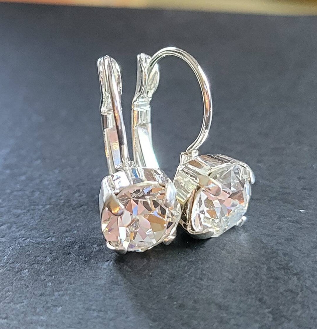 Austrian Crystal Earrings, Clear, 8mm Chaton, Silver, Lever Back - Etsy