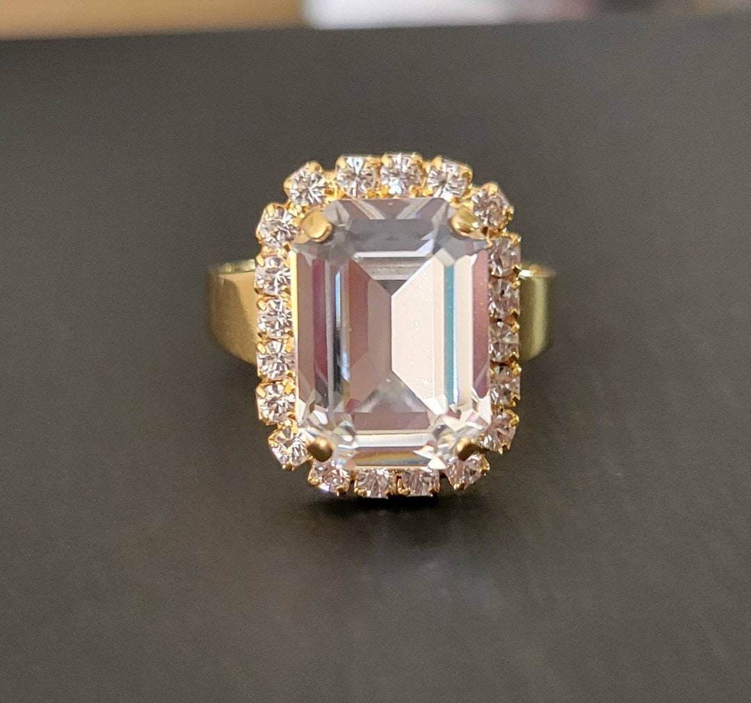 Austrian Crystal Ring, Statement Ring, Clear Crystal, Yellow Gold ...